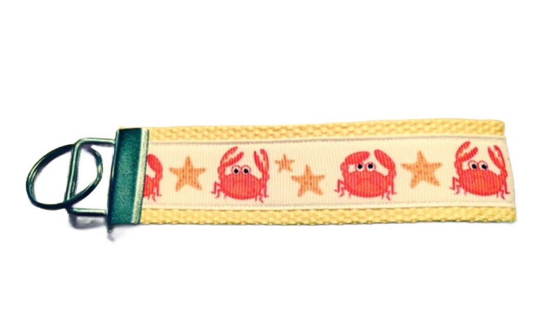 Red Crab and Starfish Yellow and White Cotton Webbing Keychain/ Key Fob ...
