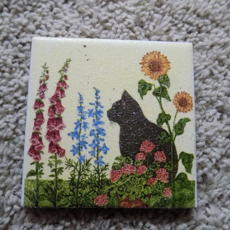 Cat in the Garden Ceramic Tile Coasters set of 4 | Etsy