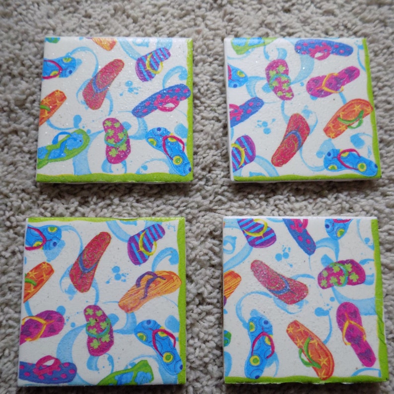 Flip Flop Fiesta Ceramic Tile Coasters set of 4 | Etsy