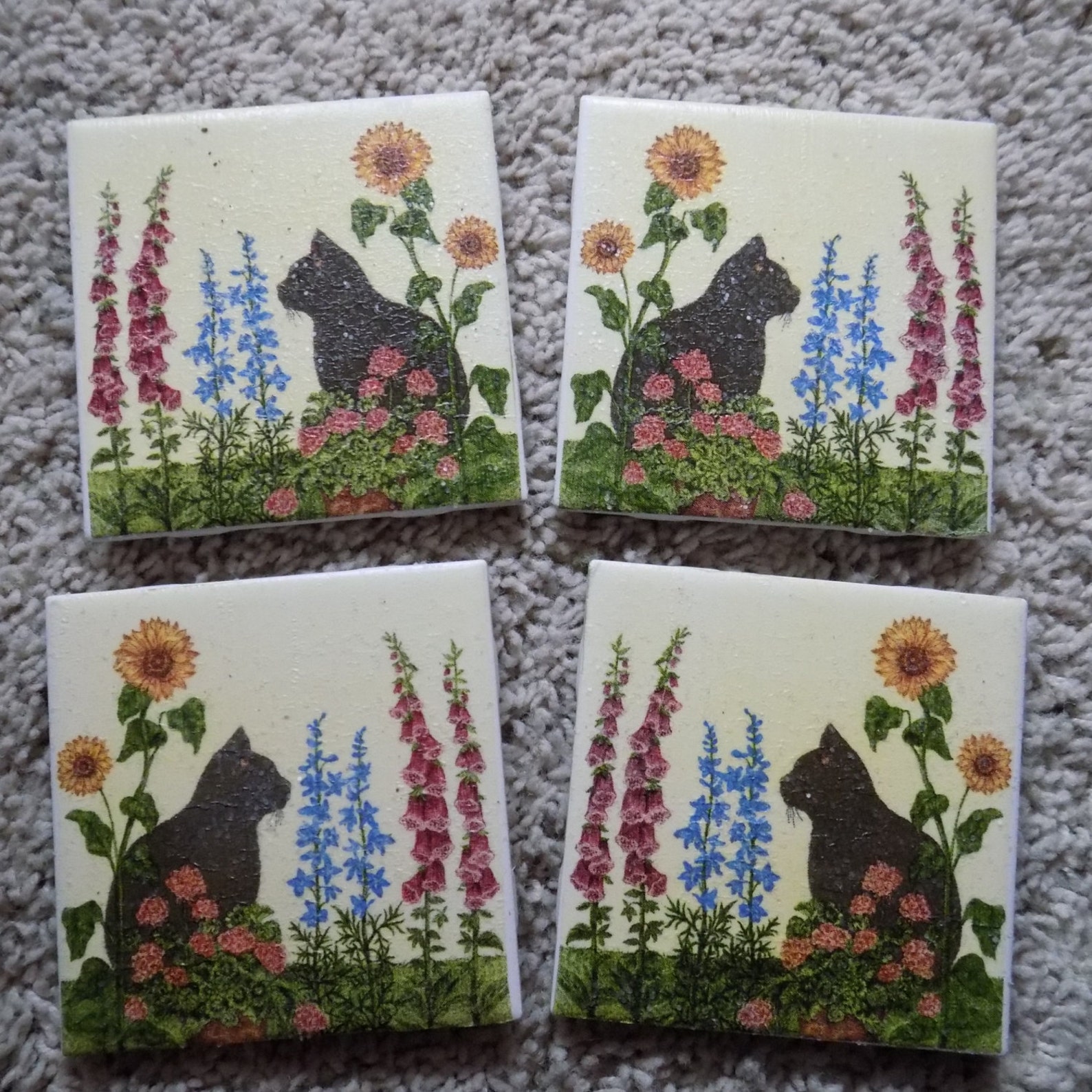 Cat in the Garden Ceramic Tile Coasters set of 4 | Etsy