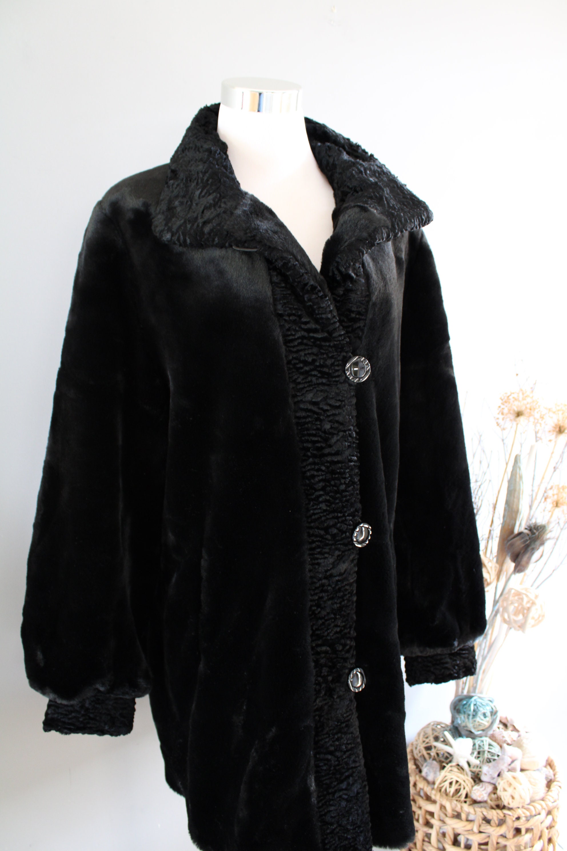 Vintage Faux Mink Fur Coat Oversized Swing Coat Boho Black Fur - Etsy