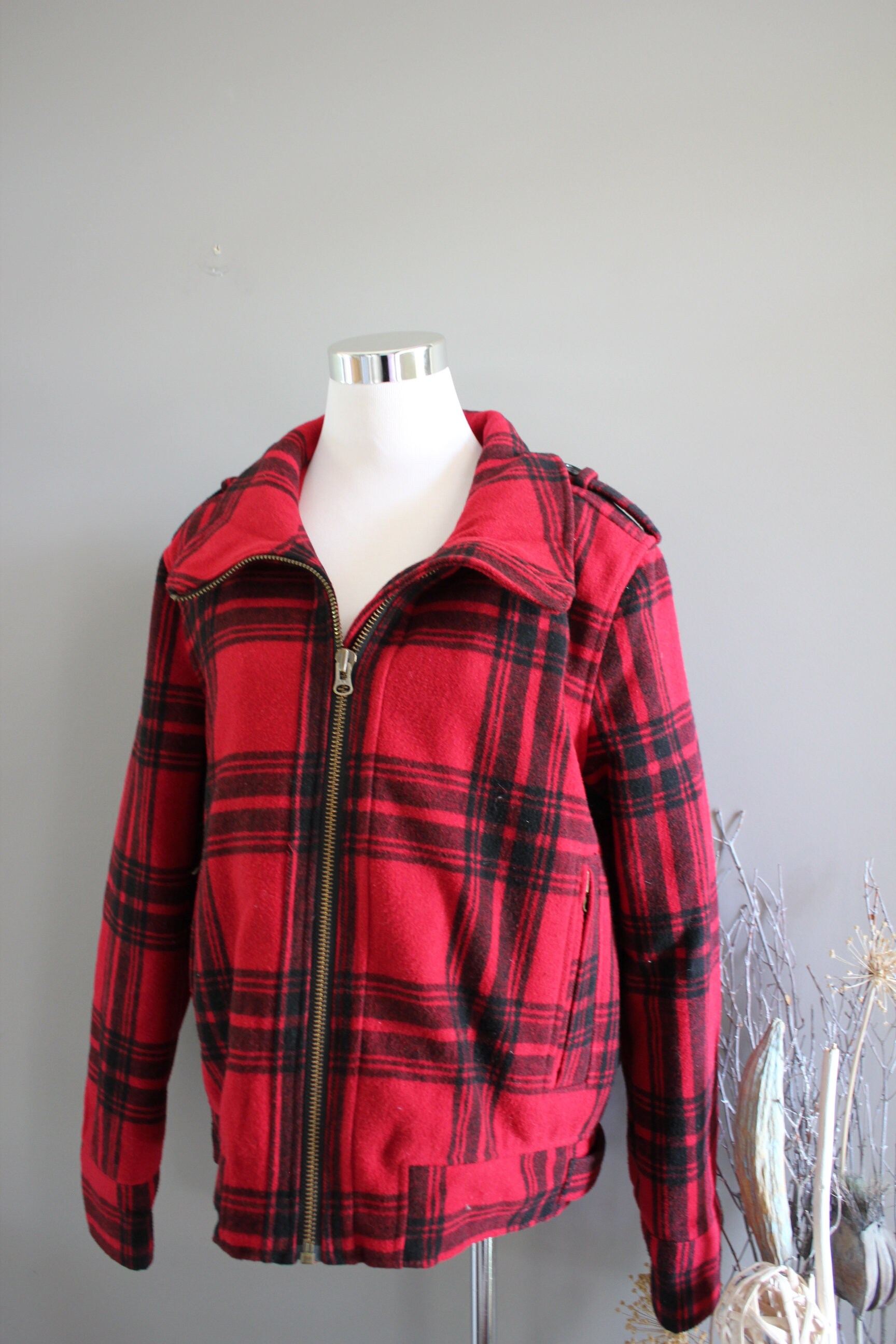 Vintage Red Plaid Jacket Vintage Wool Blend Red Plaid Coat Red Quilted ...