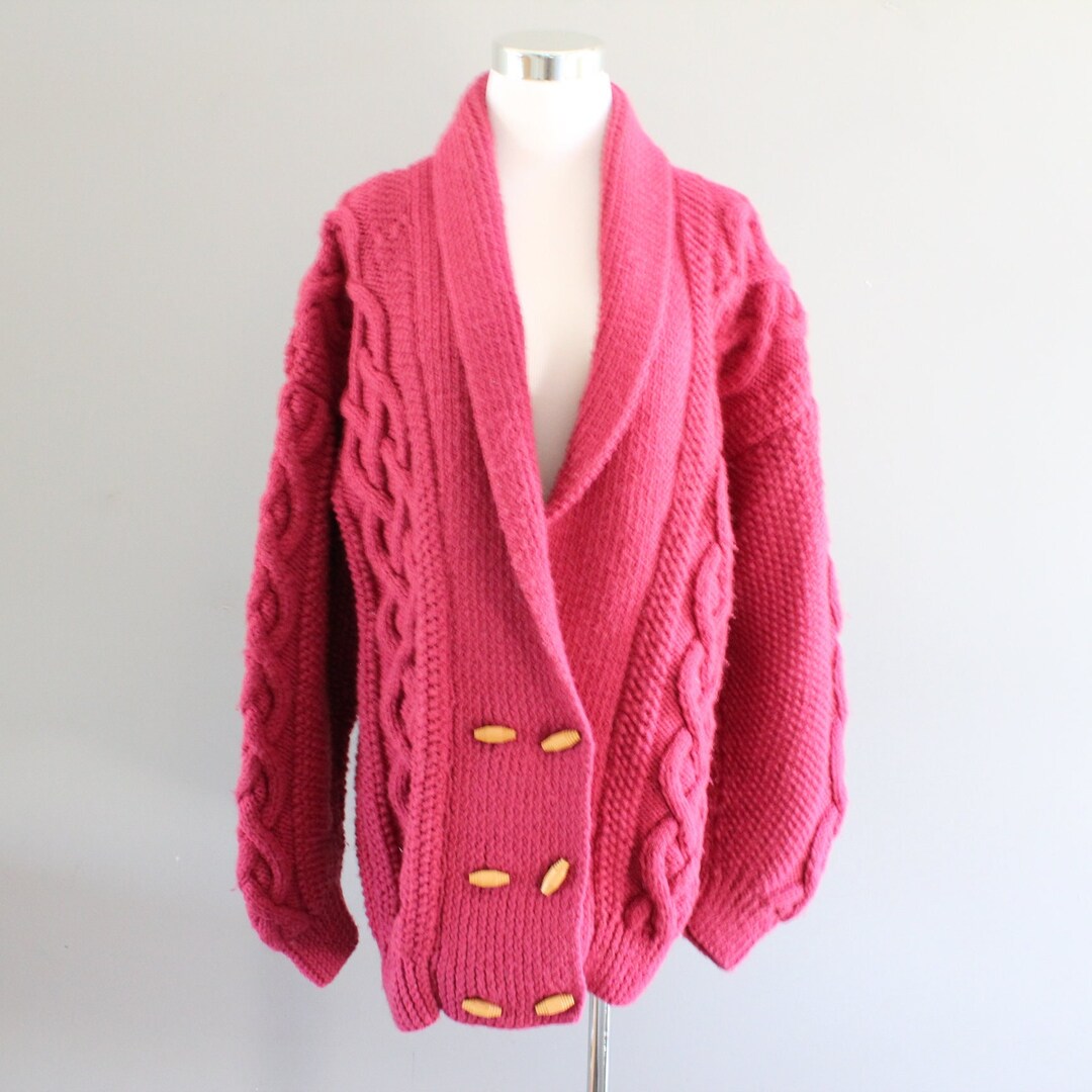 Vintage Handmade Wool Mix Pink Cardigan Cable Knit Cardigan Fishermen’s ...
