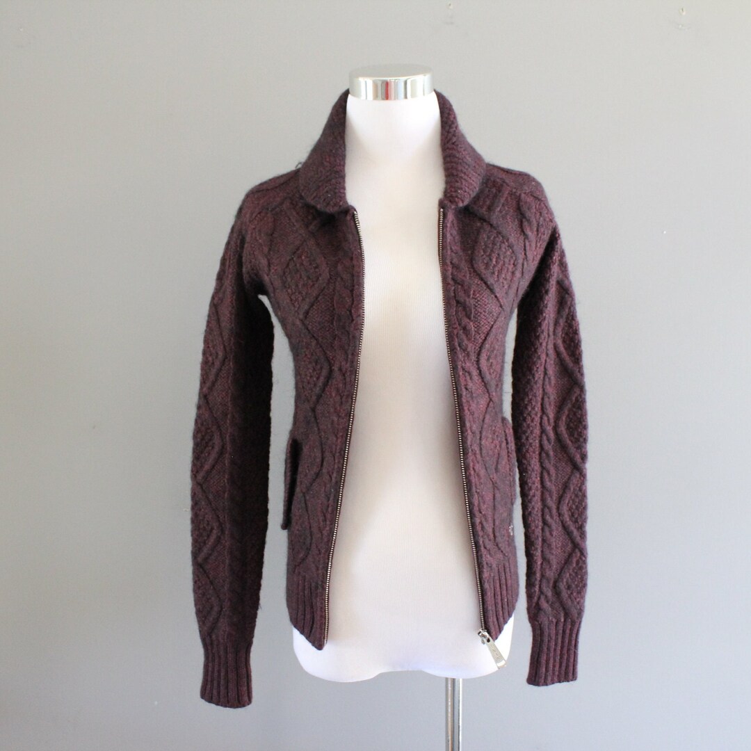Vintage Merino Wool Blend Cardigan Burgundy Cardigan Nordic Zip up Dark ...