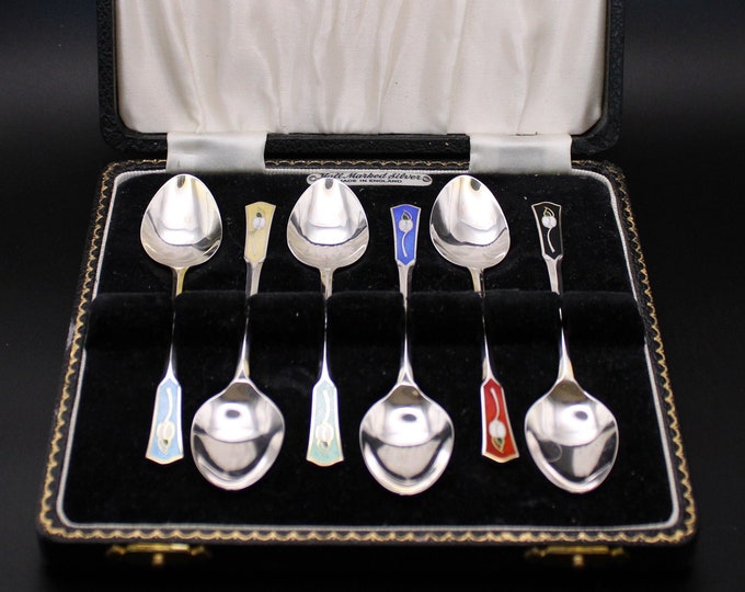 Vintage Boxed Set of Six Solid Silver & Multi-coloured Enamel Teaspoons ...