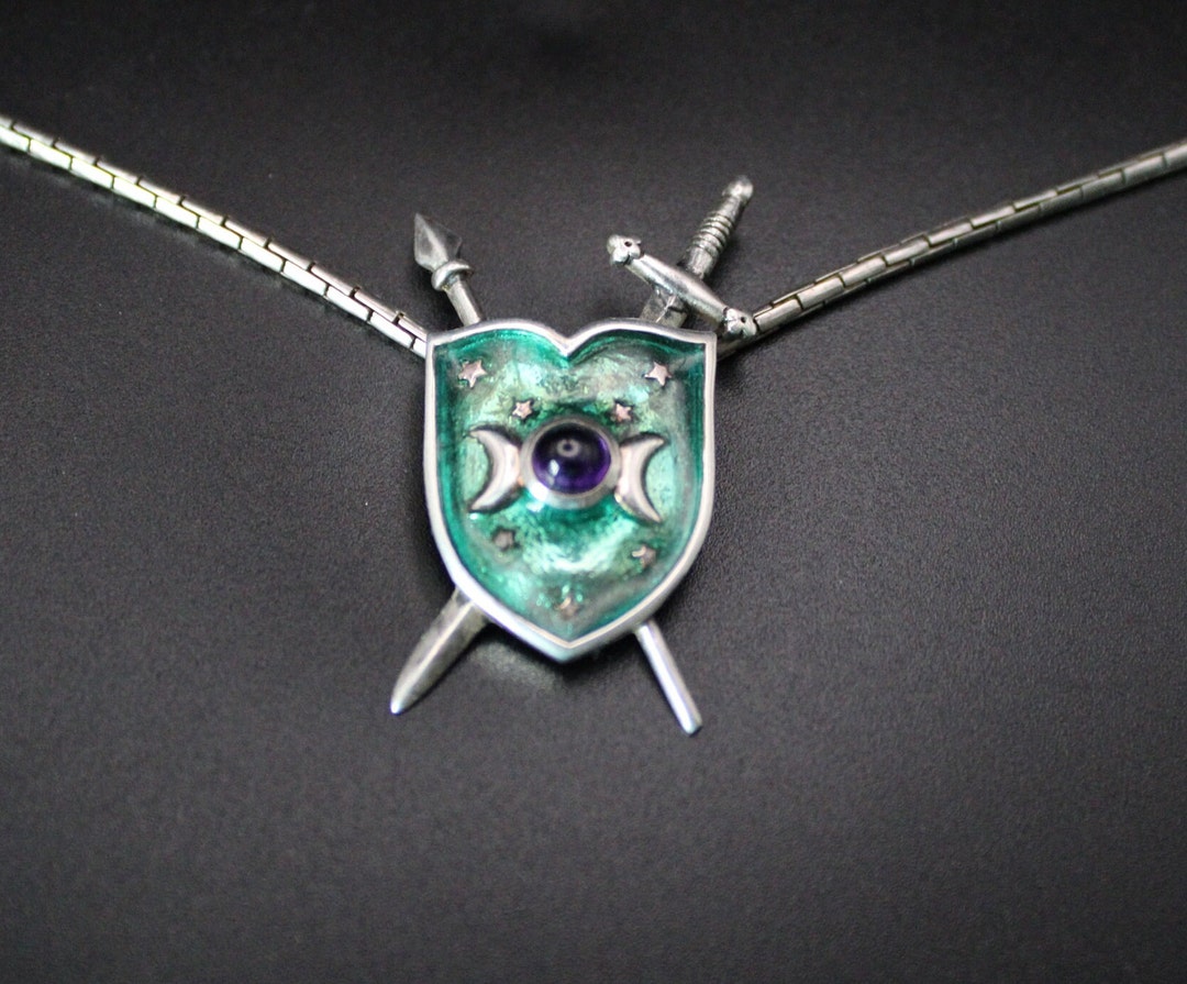 Solid Silver Shield Pendant With Green Enamel Background, Crossed ...