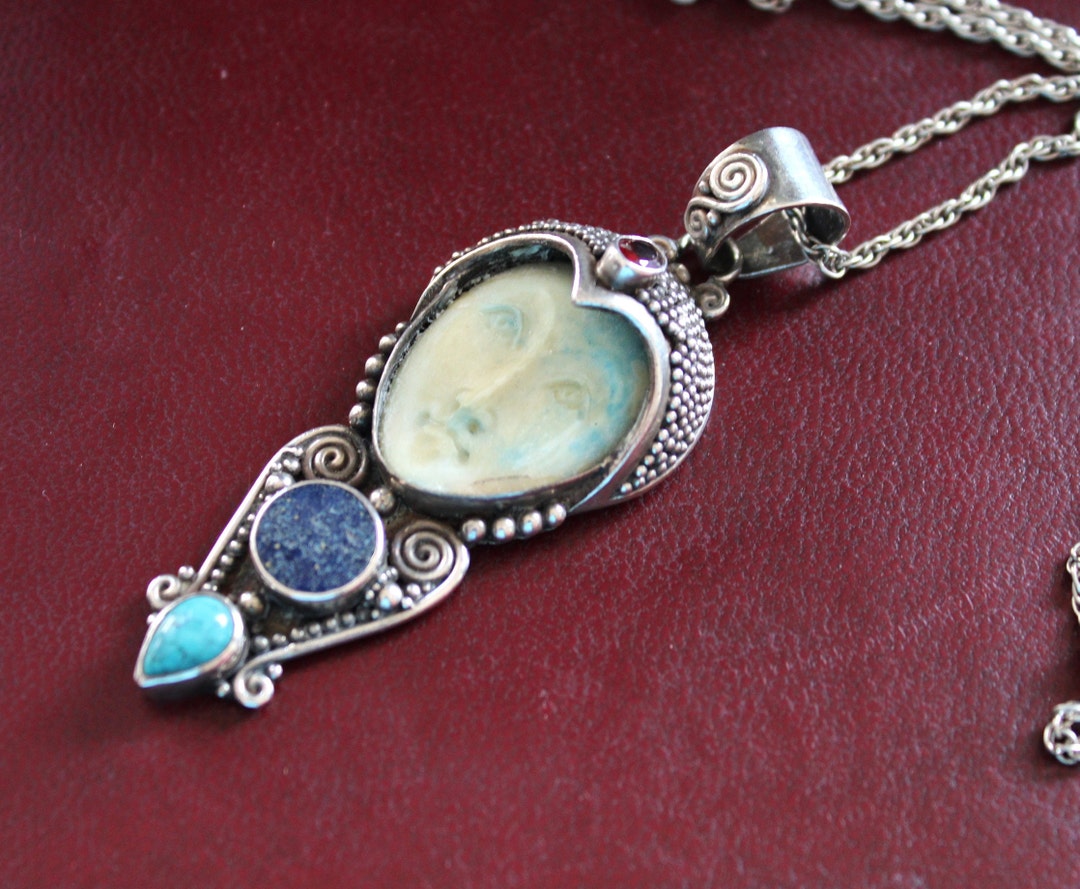 Large Solid Silver Goddess Pendant Carved Face Surrounded With Tiny ...