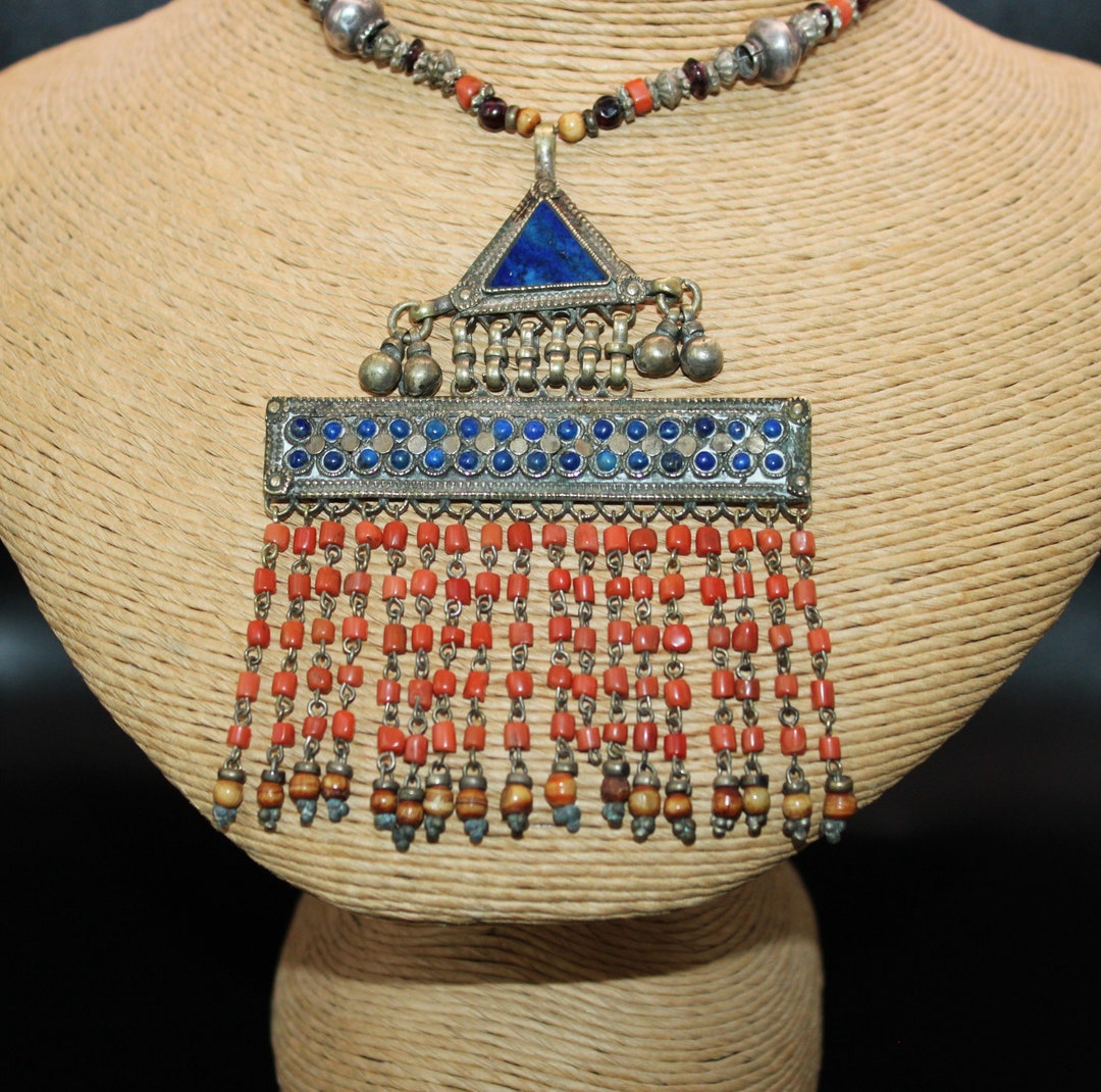 Large Antique Central Asian Necklace Silver-plated Pendant Lapis Lazuli ...