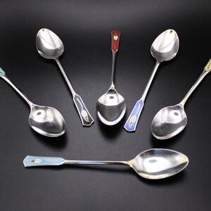 Vintage Boxed Set of Six Solid Silver & Multi-coloured Enamel Teaspoons ...