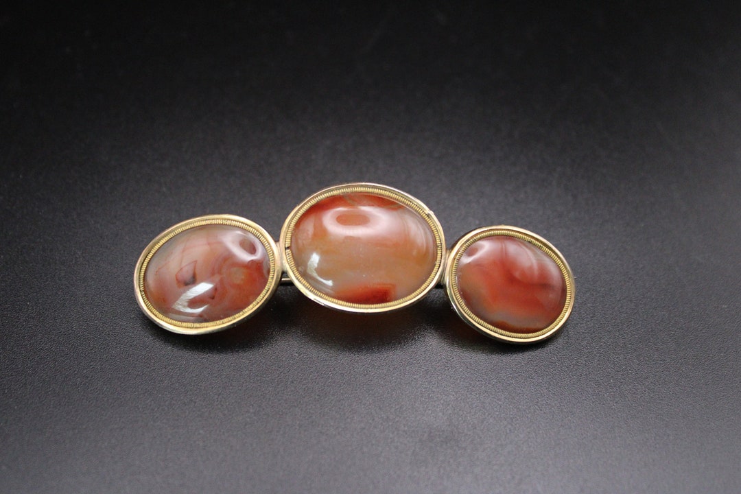 Unusual Original victorian Large Gold-filled curved Agate Brooch Set ...