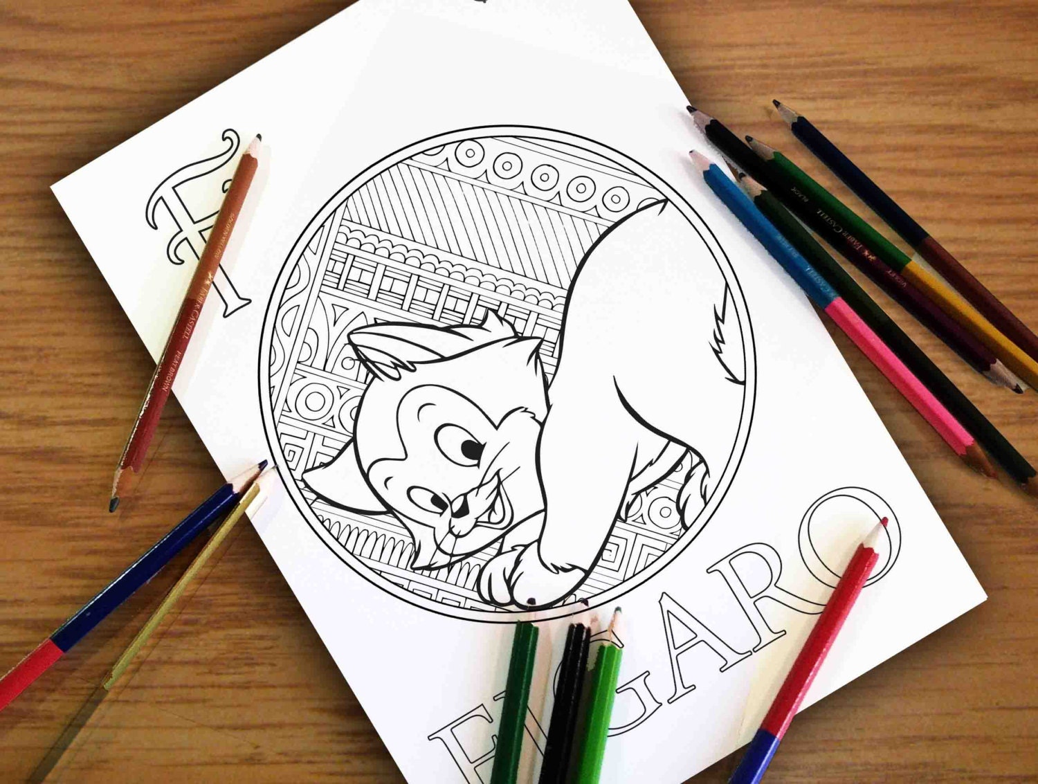 Disney Coloring pages Figaro Gift for Kids Zentangle | Etsy