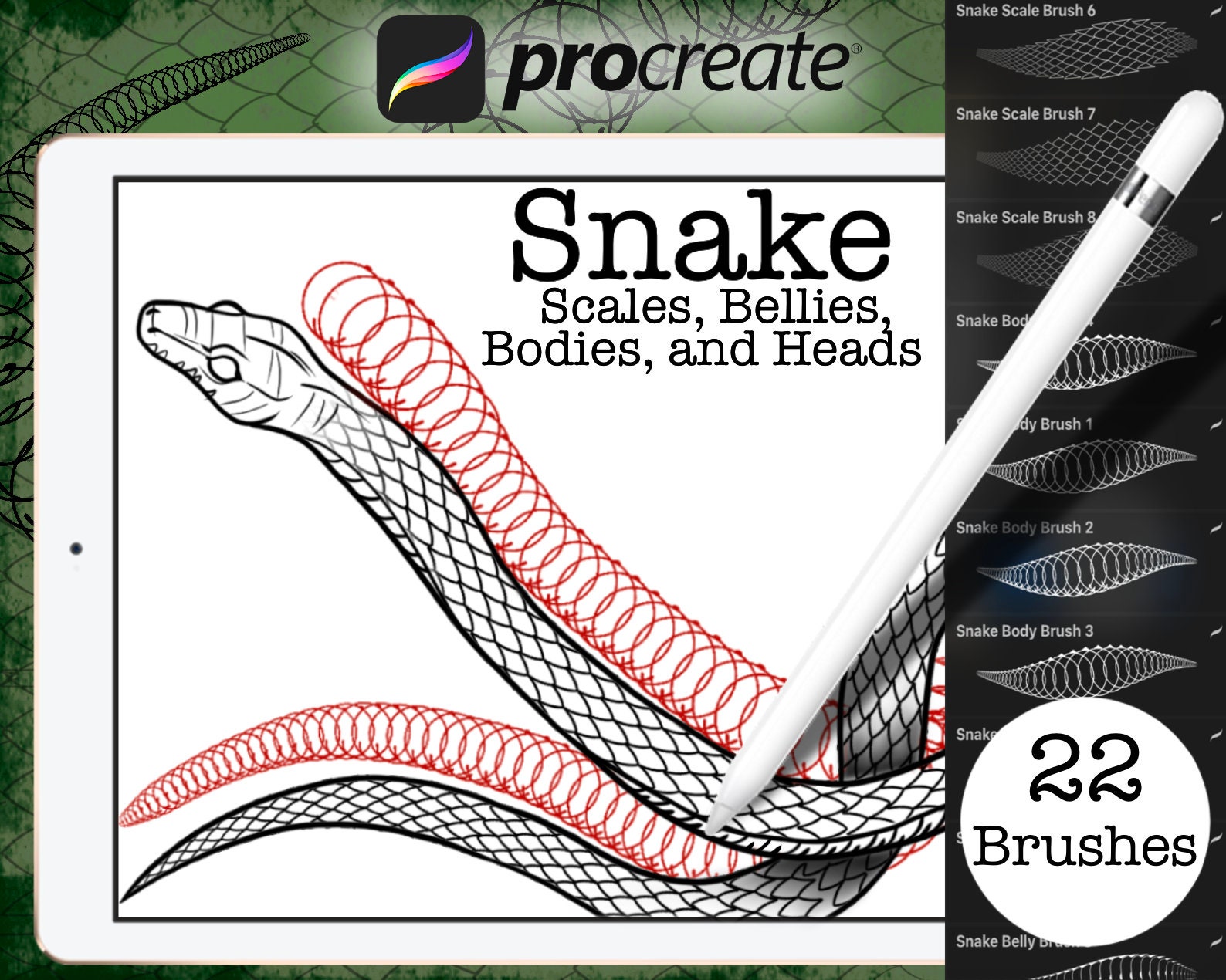 Snake Scales, Bodies, Bellies and Heads | Procreate Brush and Stamp Set ...
