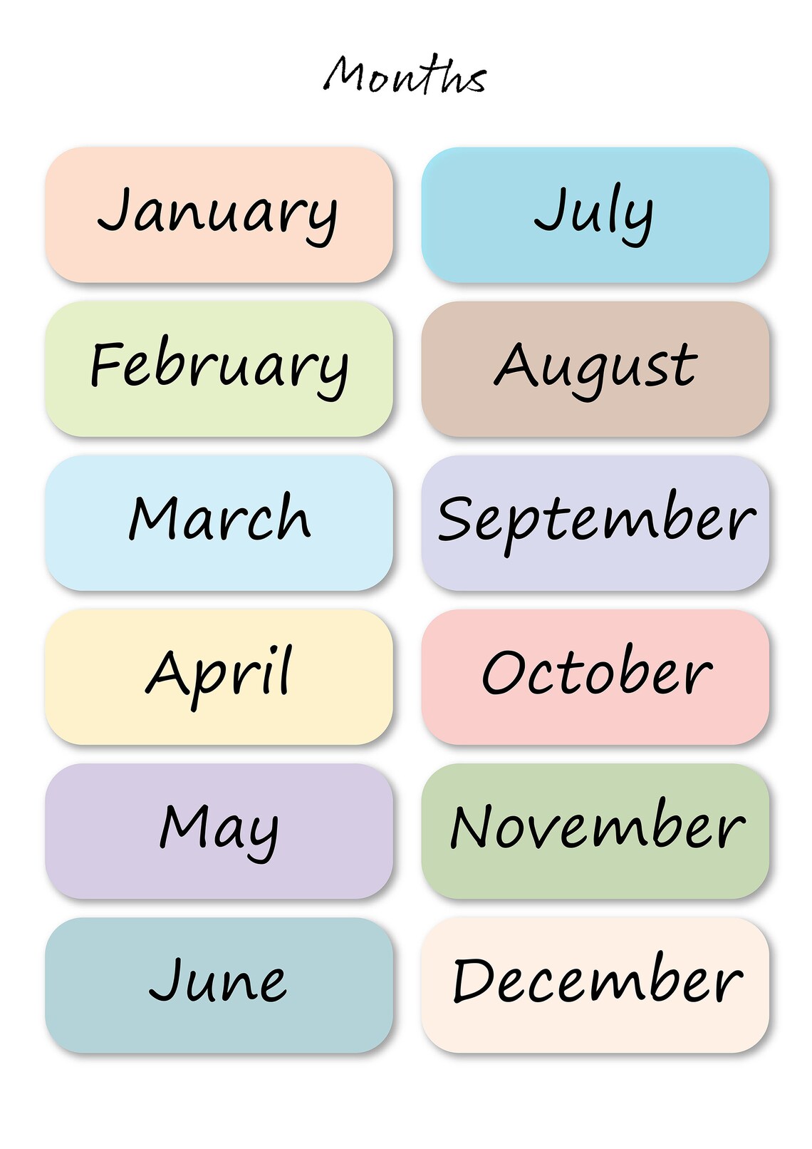 Months Educational Chart Digital Files A1, A2, A3, A4 Colouful ...