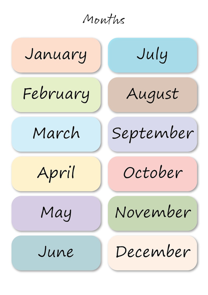 Months Educational Chart Digital Files A1, A2, A3, A4 Colouful ...