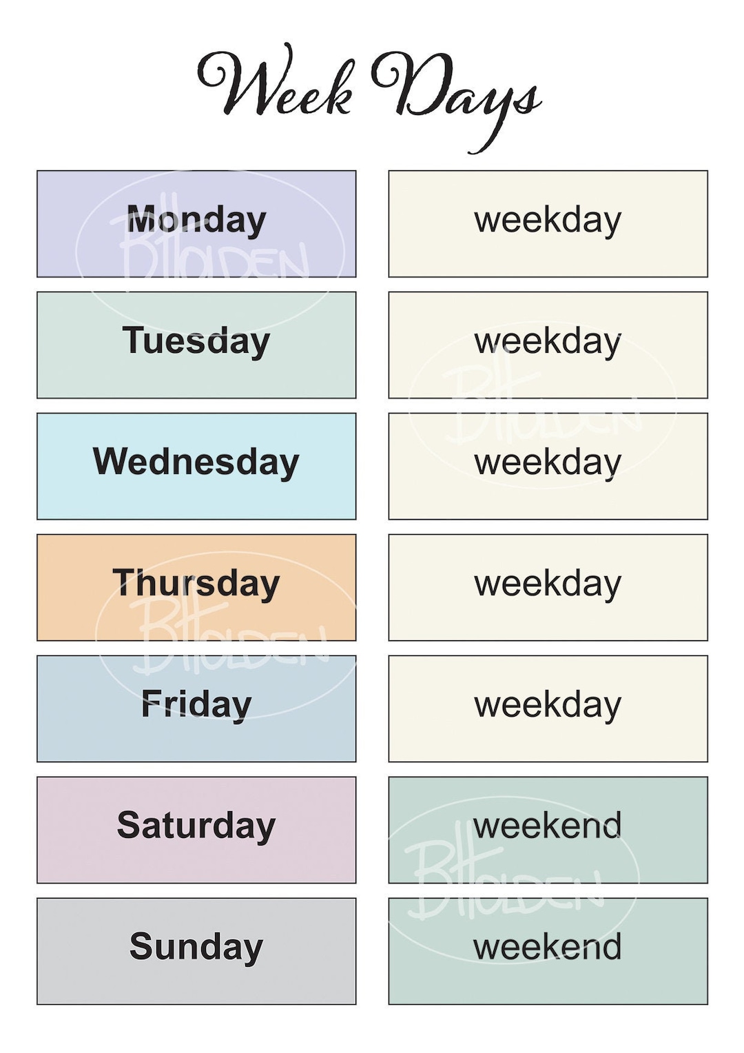 Weekdays Educational Chart Digital File A4 Only - Etsy
