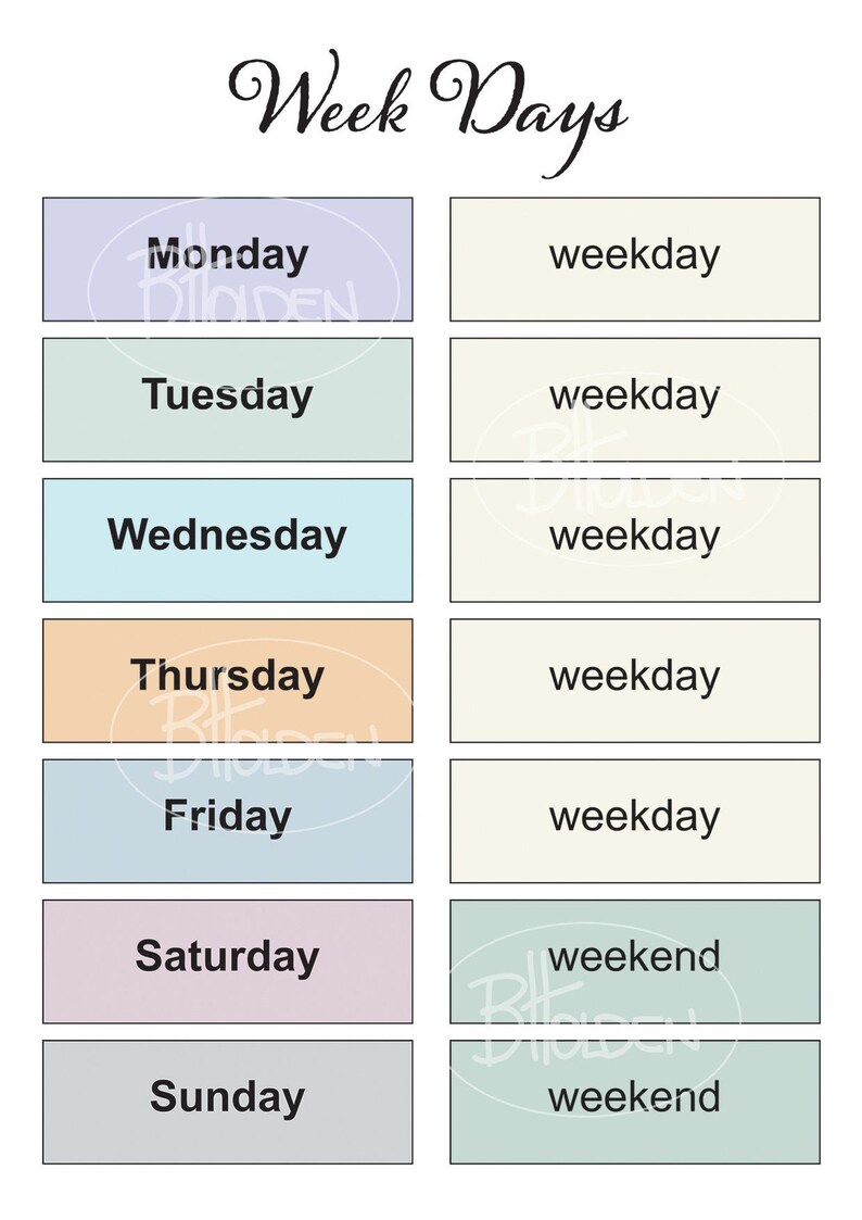 Weekdays Educational Chart Digital File A4 Only - Etsy