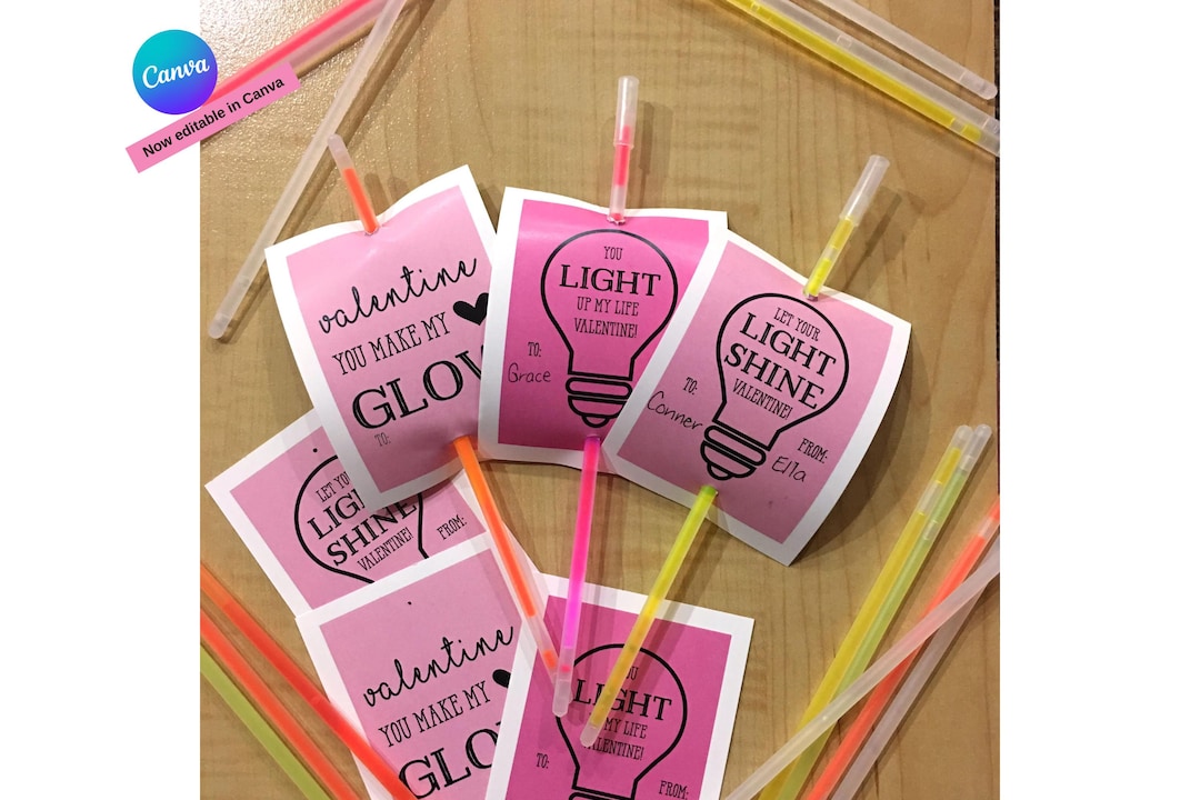 Customizable Pink Glow Stick Valentines - Edit in Canva - INSTANT ...