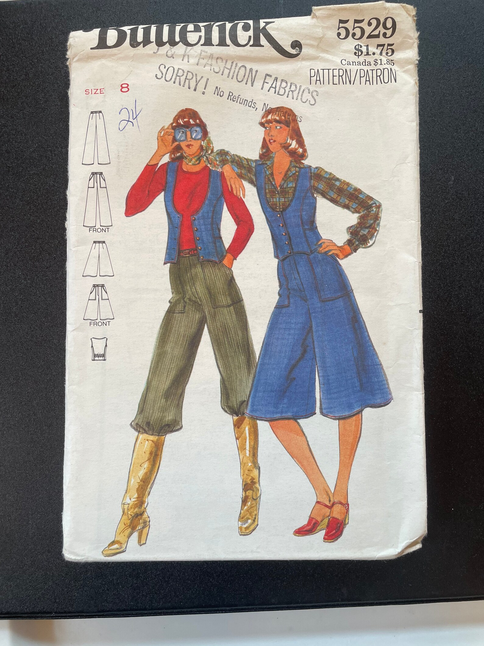 1979 Butterick 5529 Vest Culottes & Pants Size 8 Uncut - Etsy