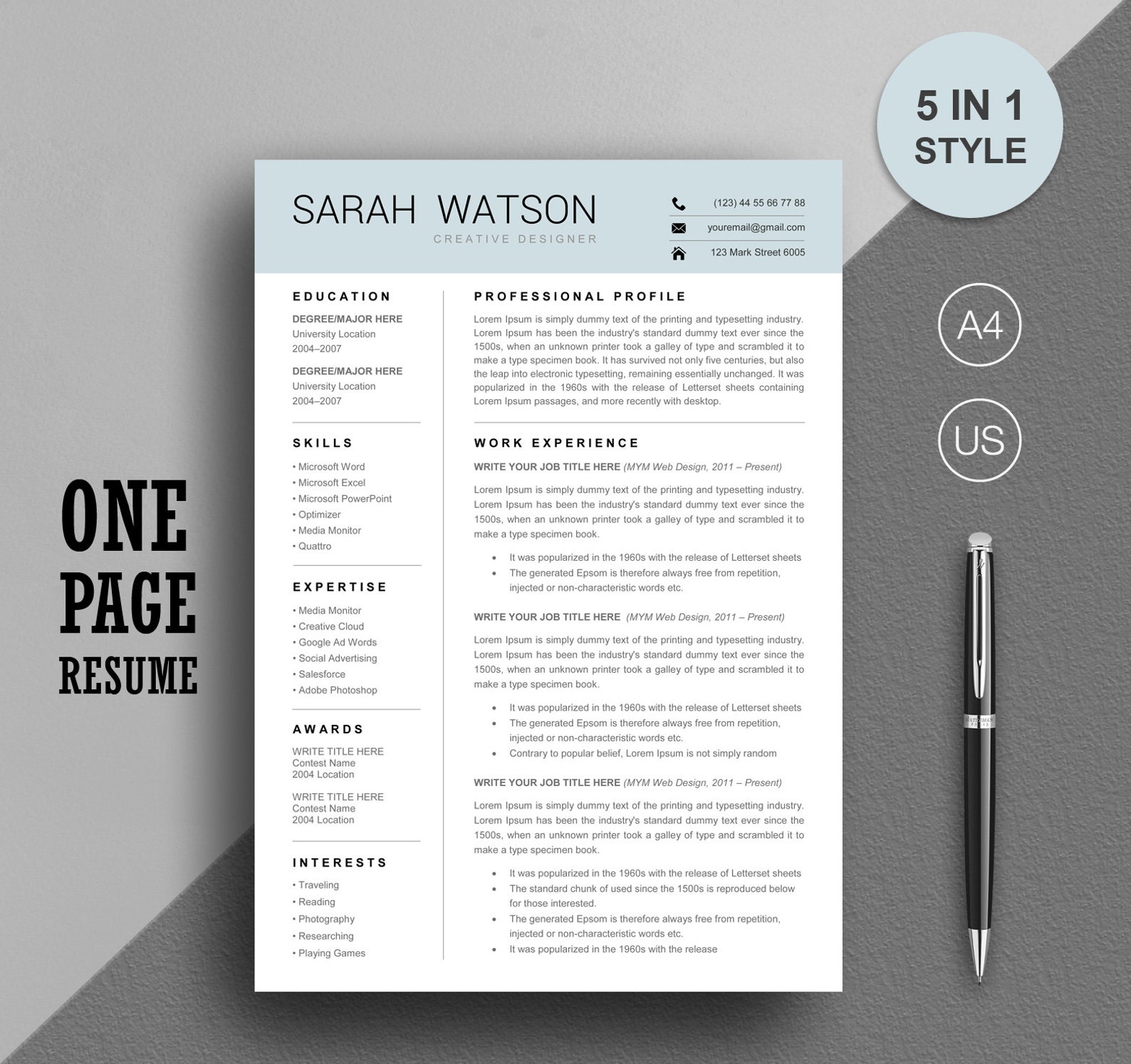 One Page Resume Template, Resume Template, Professional Resume Template ...