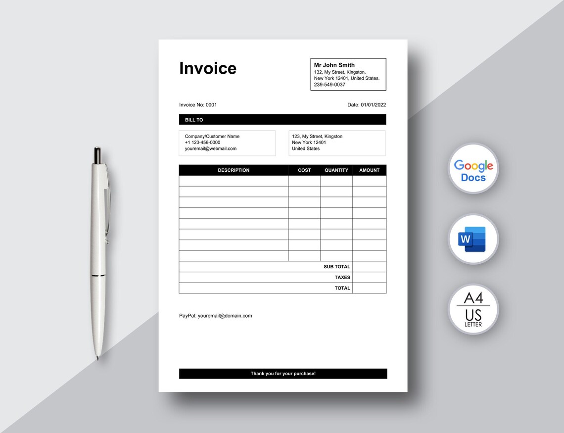 Invoice Template for Word and Google Docs, Editable Invoice Template ...