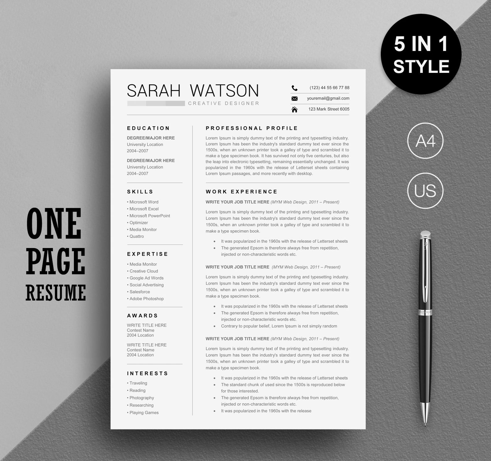 One Page Resume Template, Resume Template, Professional Resume Template ...