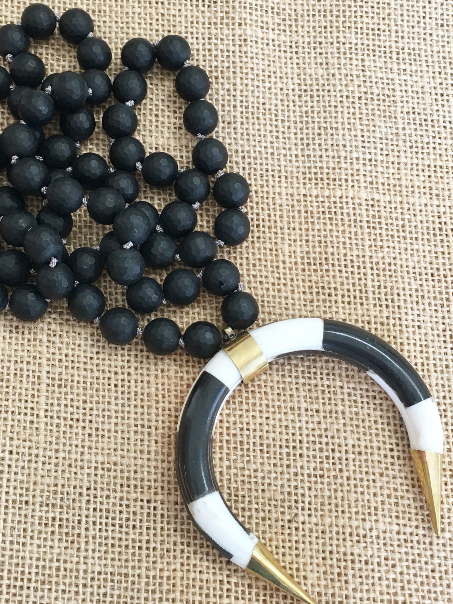 Knotted Matte Onyx Necklace With Ox Bone Horn - Etsy