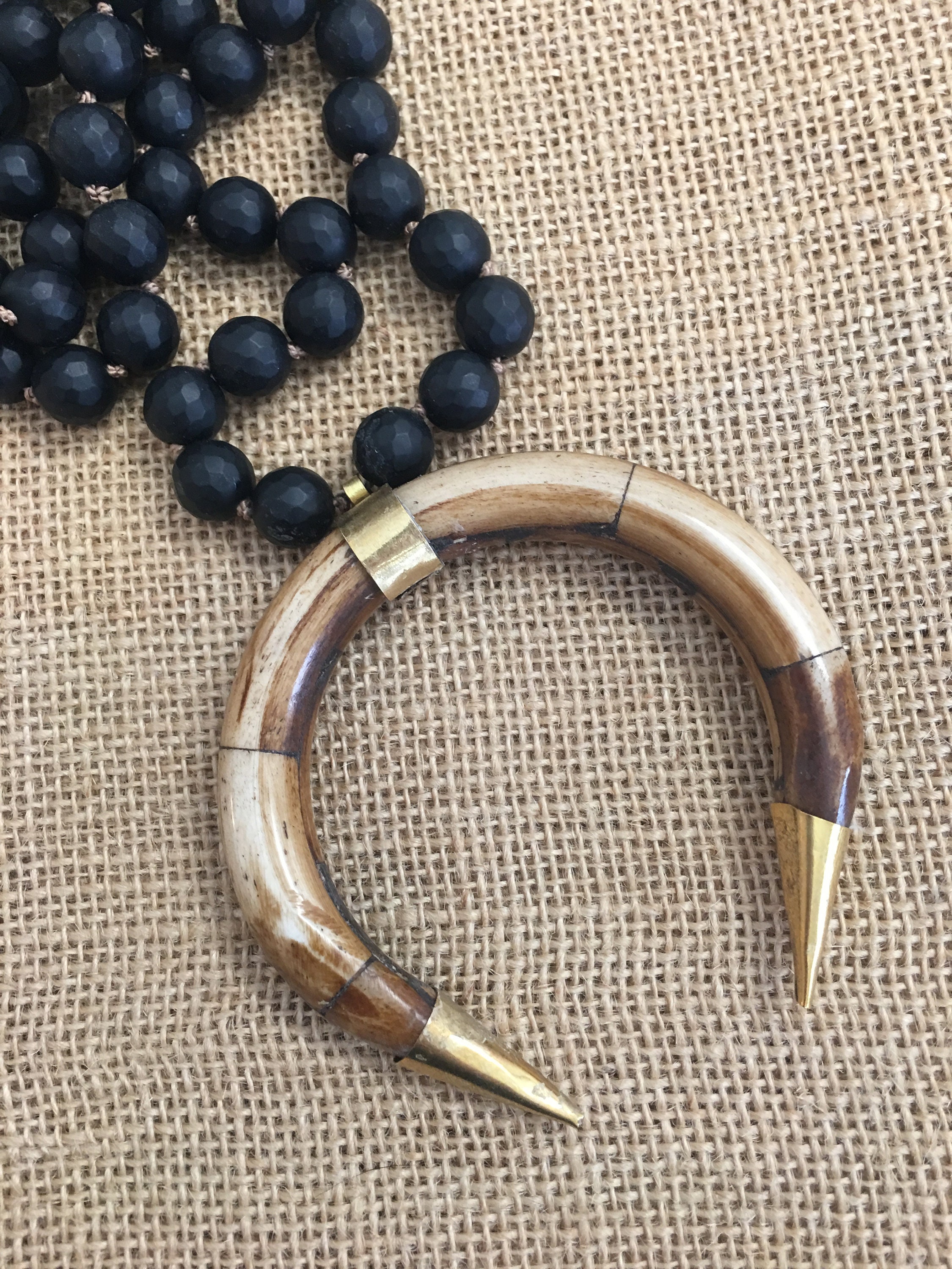 Matte Onyx Knotted Necklace With Brown Ox Bone Horn - Etsy