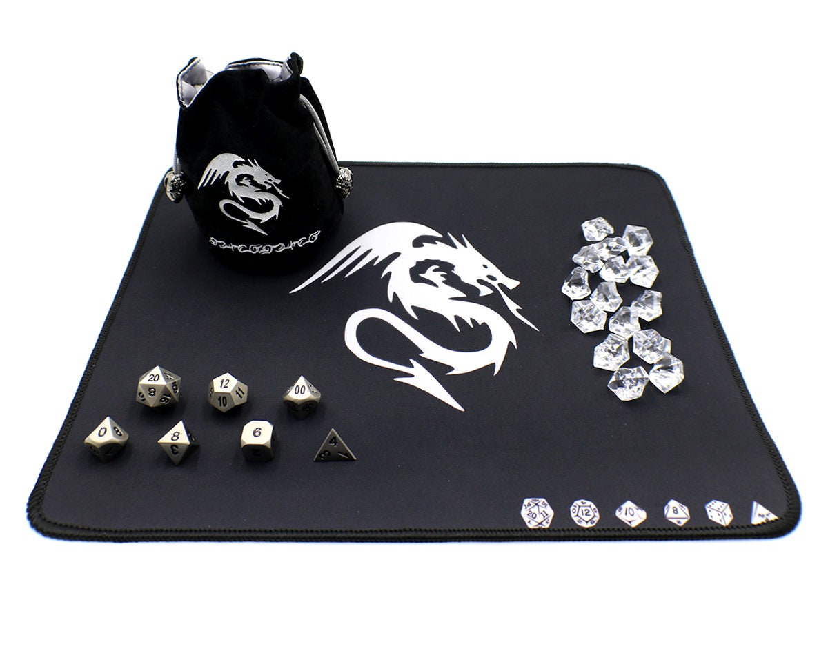 Satin Metal Dice Set with D&D Play Mat Dice Bag and Counters | Etsy