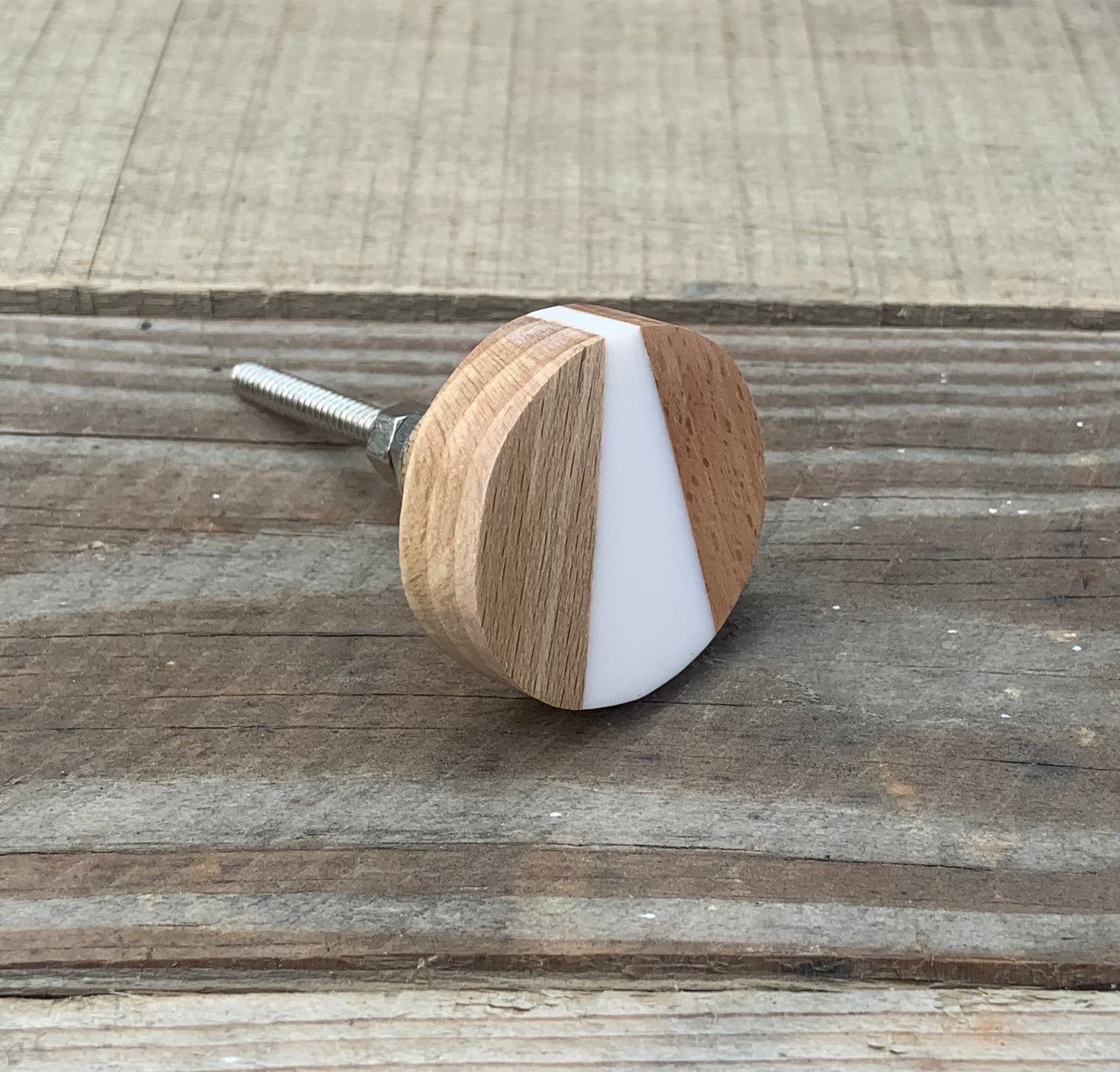 Unique Cabinet Knob Modern Drawer Pull / Geometric White Resin Wedge Light Wood Geo Fusion Round ...