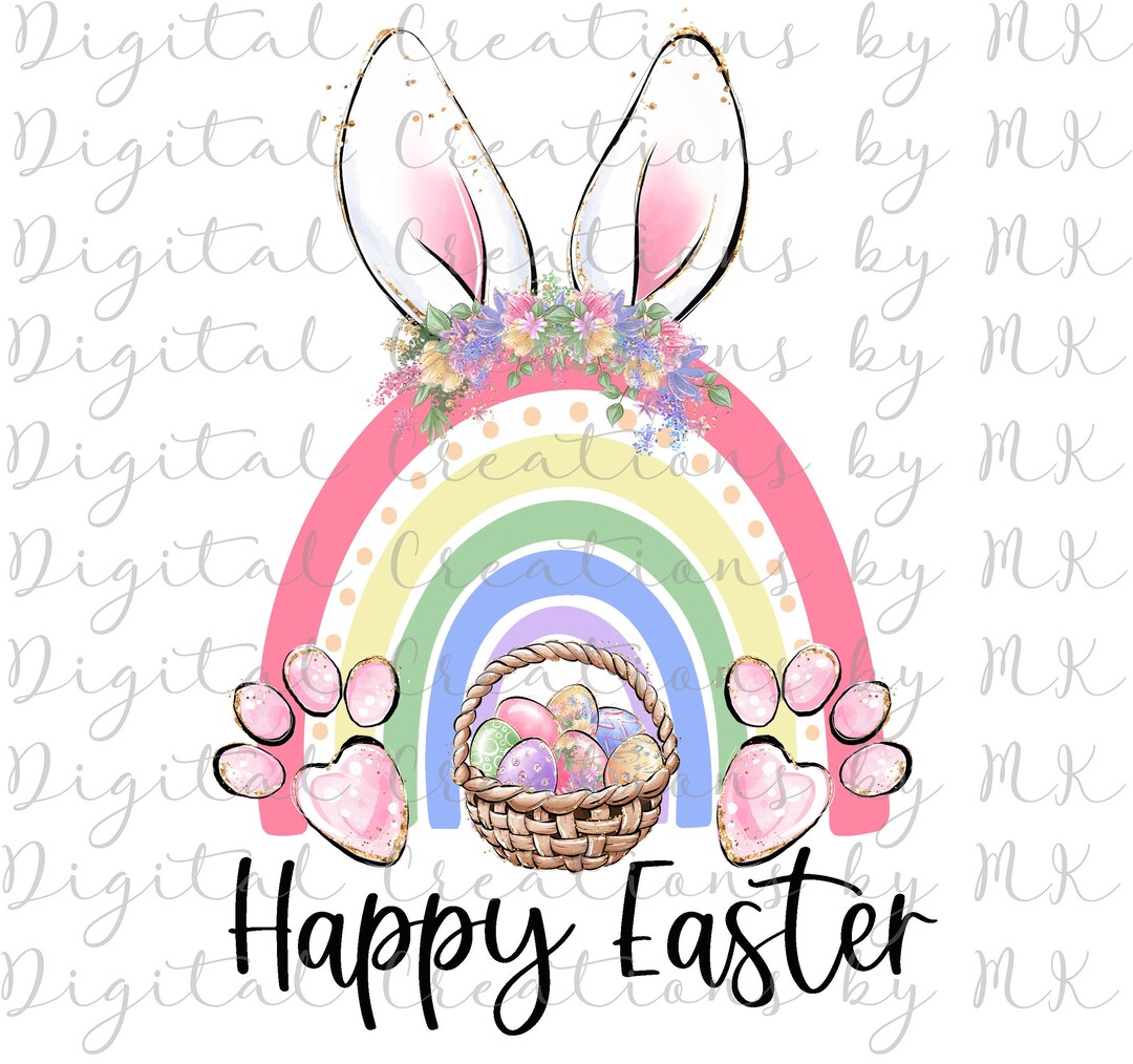 Happy Easter, Rainbow, Bunny, PNG 300dpi, Digital File, Watercolor ...