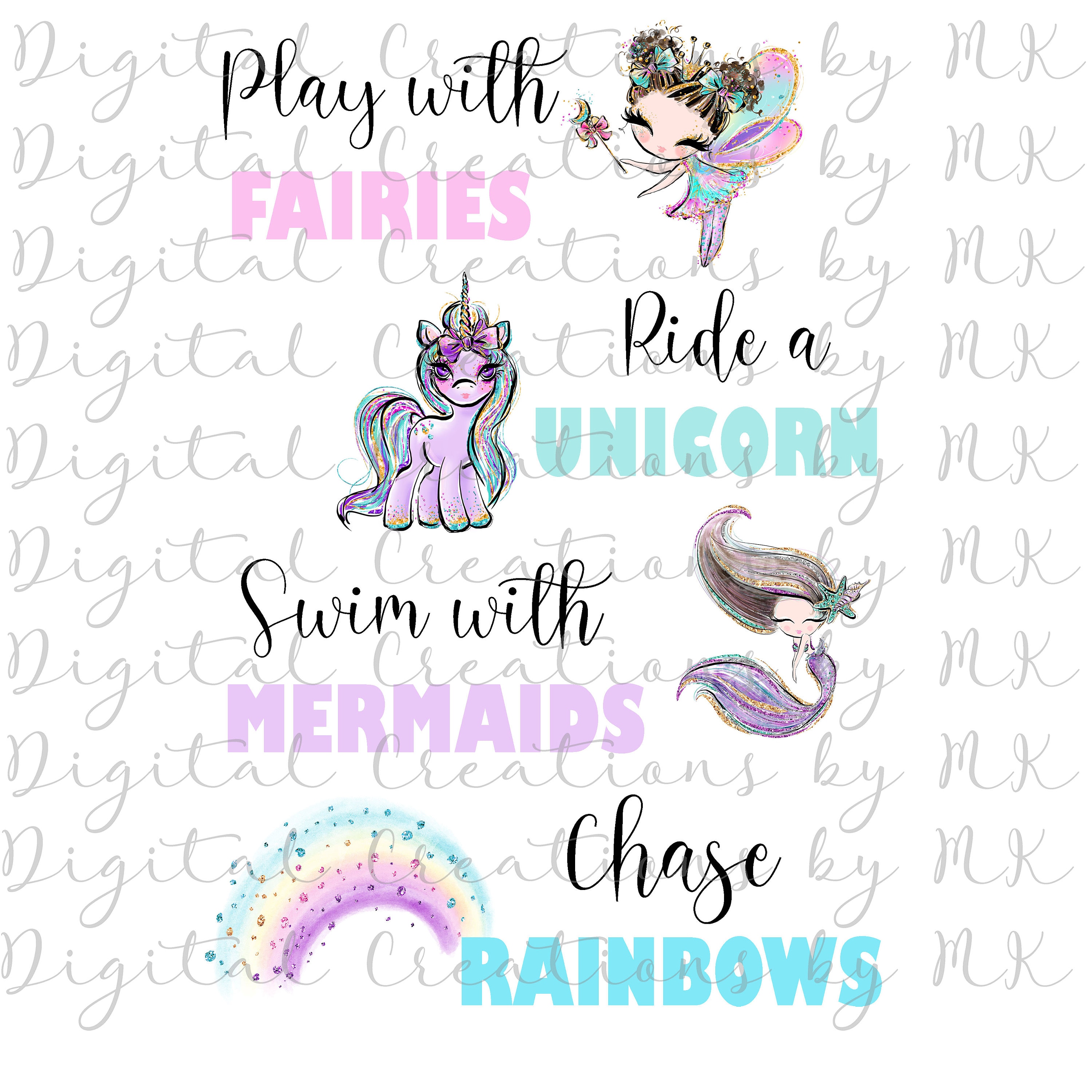 Play With Fairies Unicorn Mermaid and Rainbow PNG 300 Dpi - Etsy