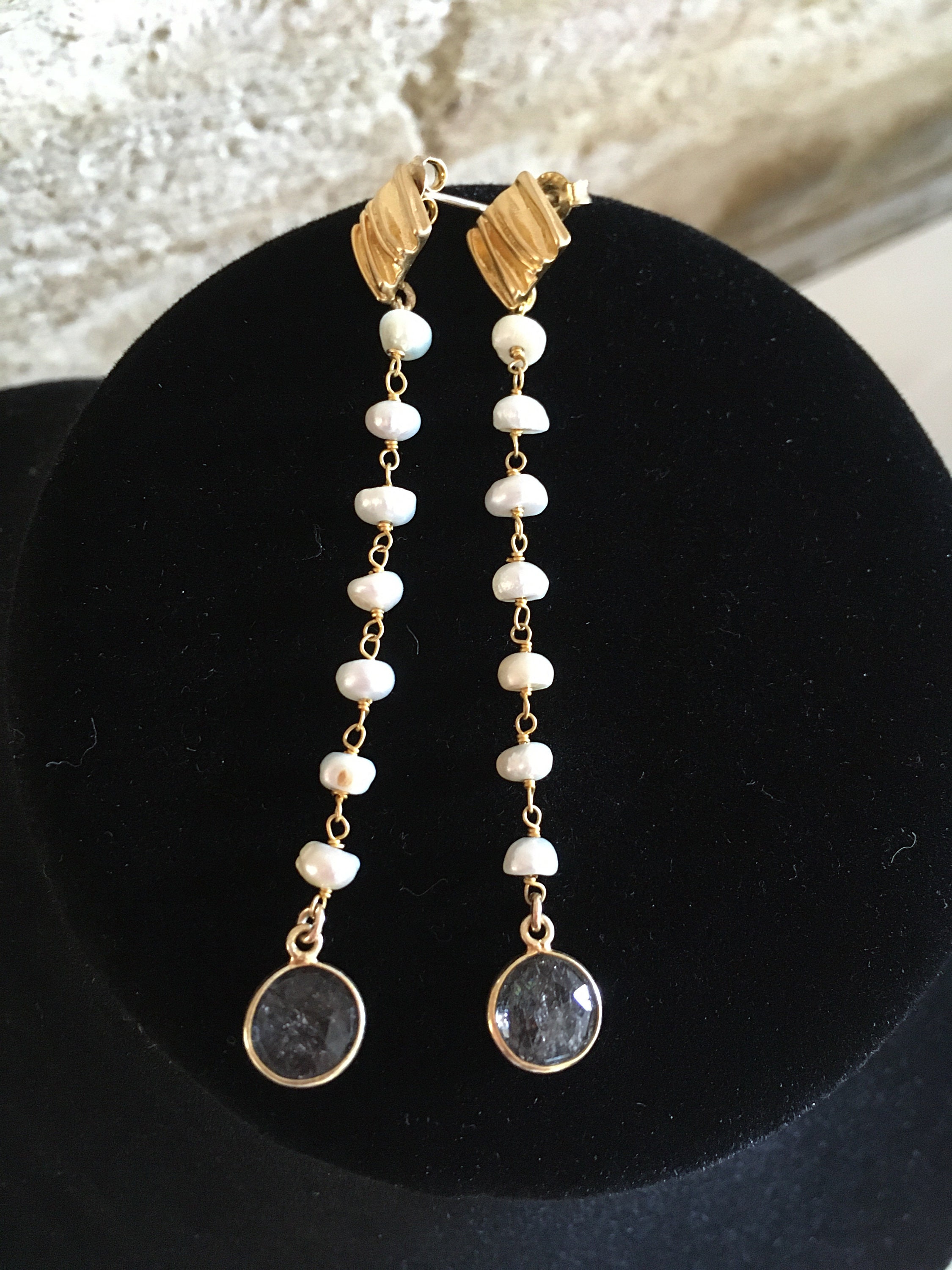 Pendientes Largos De Perlas Pendientes Redondos De Piedras Etsy España
