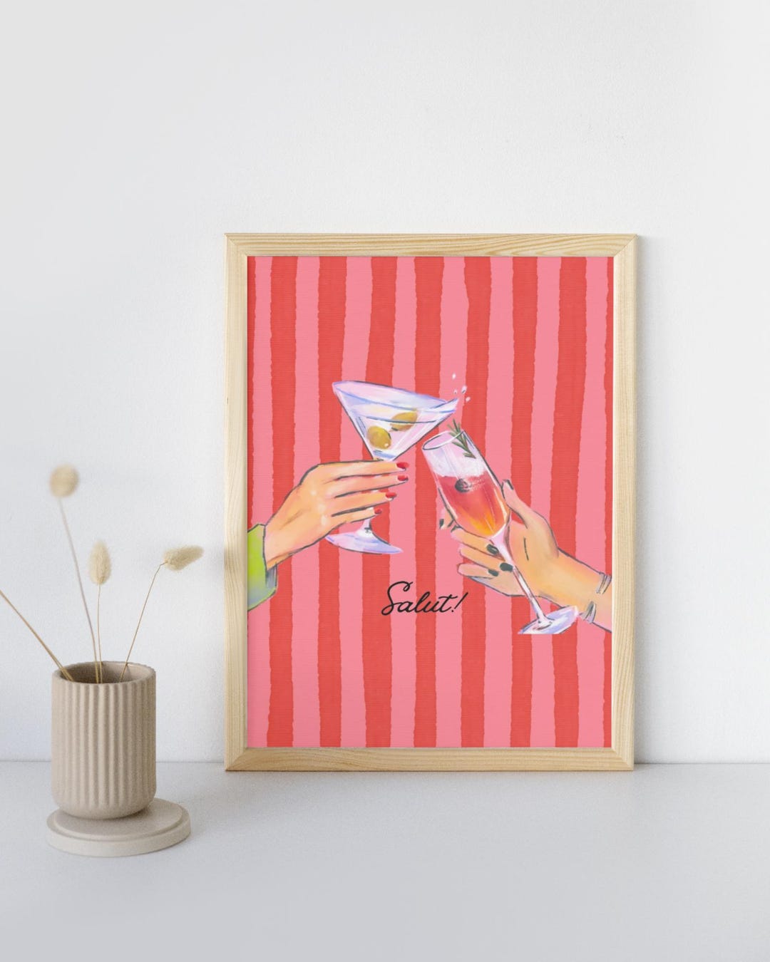Salut Digital Art Print, Bar Cart, Striped French Print, Pink Wall ...