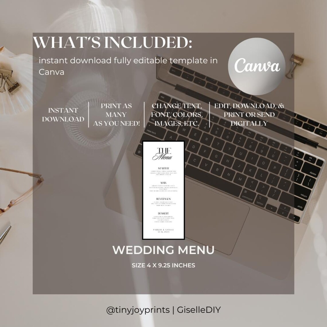 Modern Wedding Menu | Minimalist Dinner Menu Template | Editable Canva ...