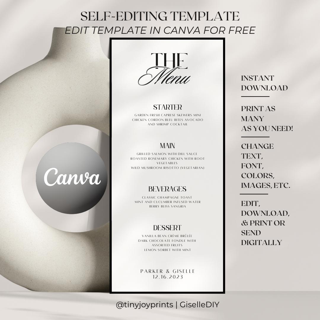 Modern Wedding Menu | Minimalist Dinner Menu Template | Editable Canva ...
