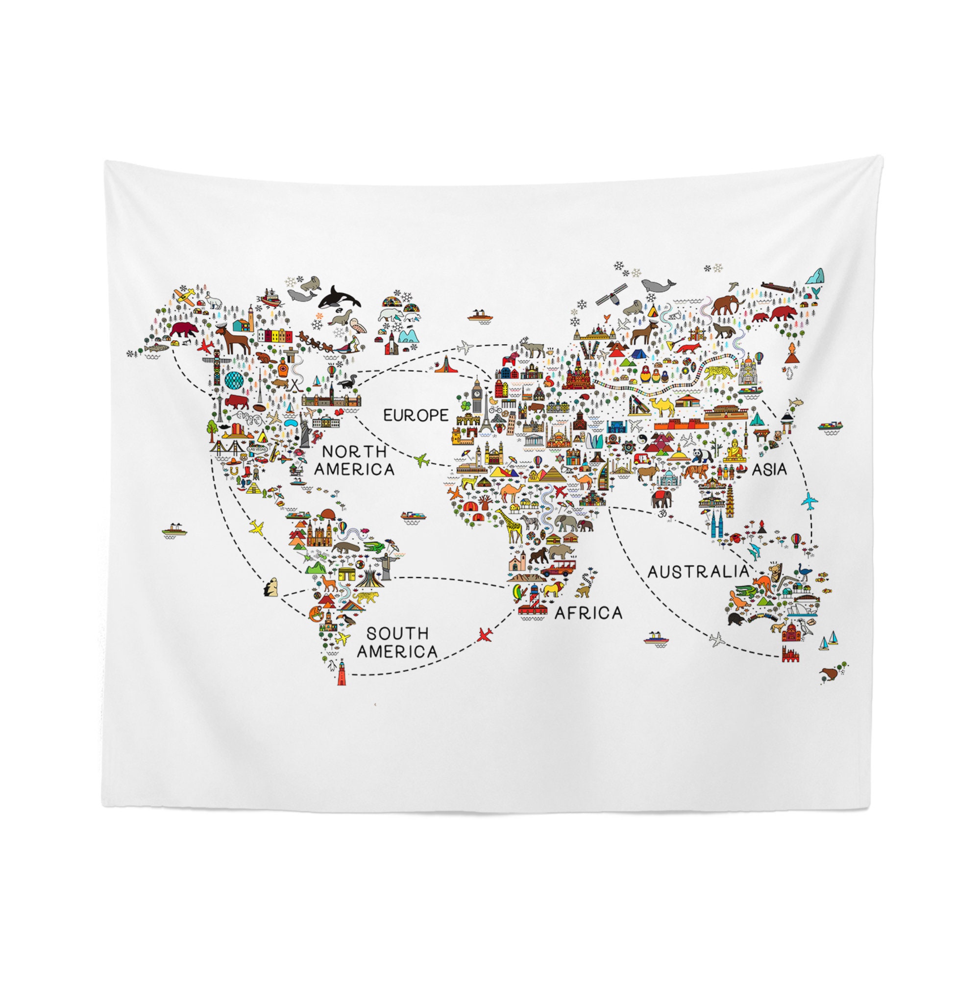World Map Tapestry World Map Wall Hanging World Map Wall Etsy