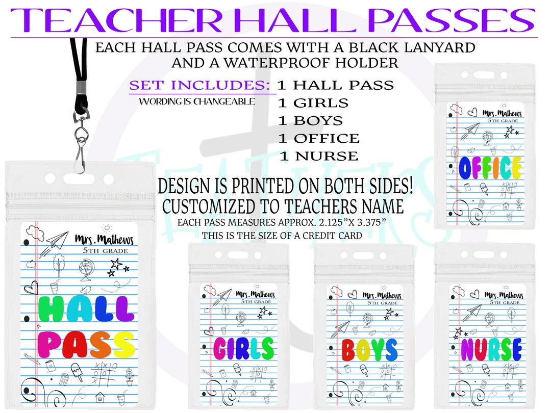Teacher Hall Pass, Set of 10, Paper Doodle, Nurses Pass, School Hall ...