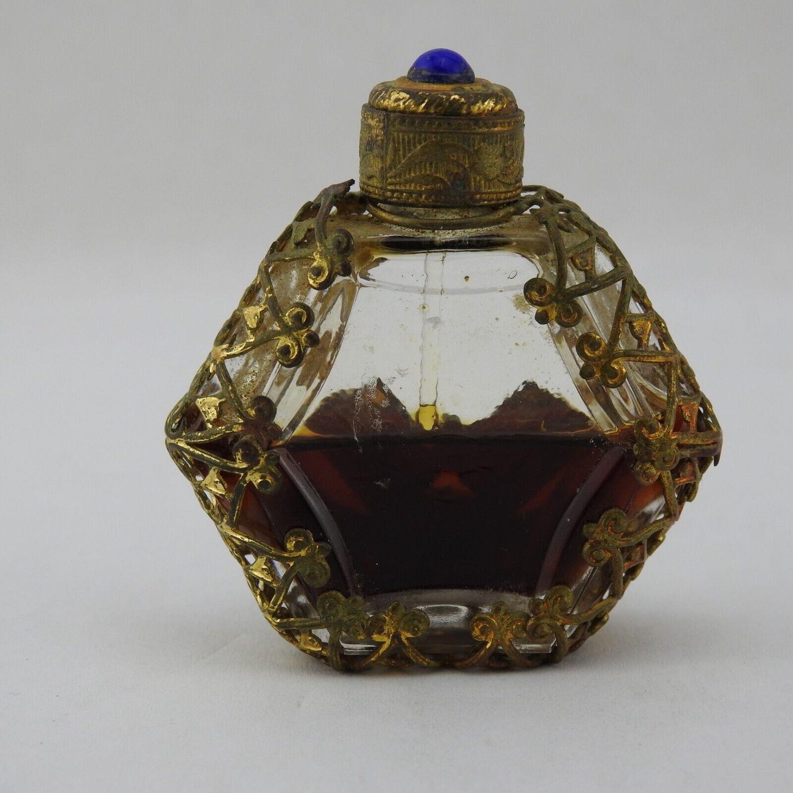 Antique Vintage Perfume Bottle Irice Czech Blue Jeweled Filigree ...