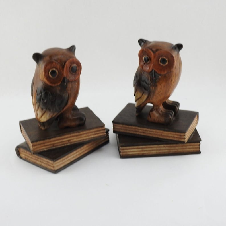 2 Vintage Carved Brown Wood Owl Figurine on Book Stack Bookend Thailand ...
