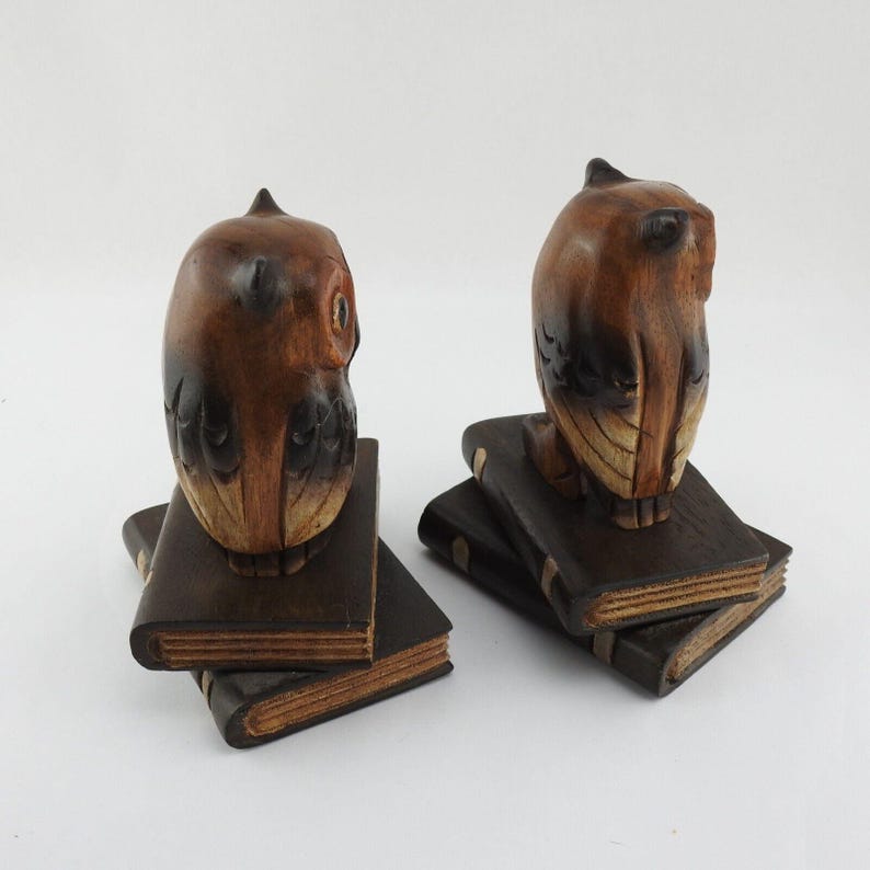 2 Vintage Carved Brown Wood Owl Figurine on Book Stack Bookend Thailand ...