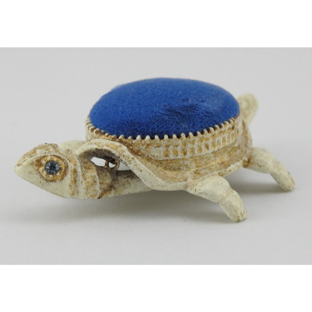 Vintage Florenza Iron Turtle Pin Cushion Nodding Neck Tail Blue Orginal ...