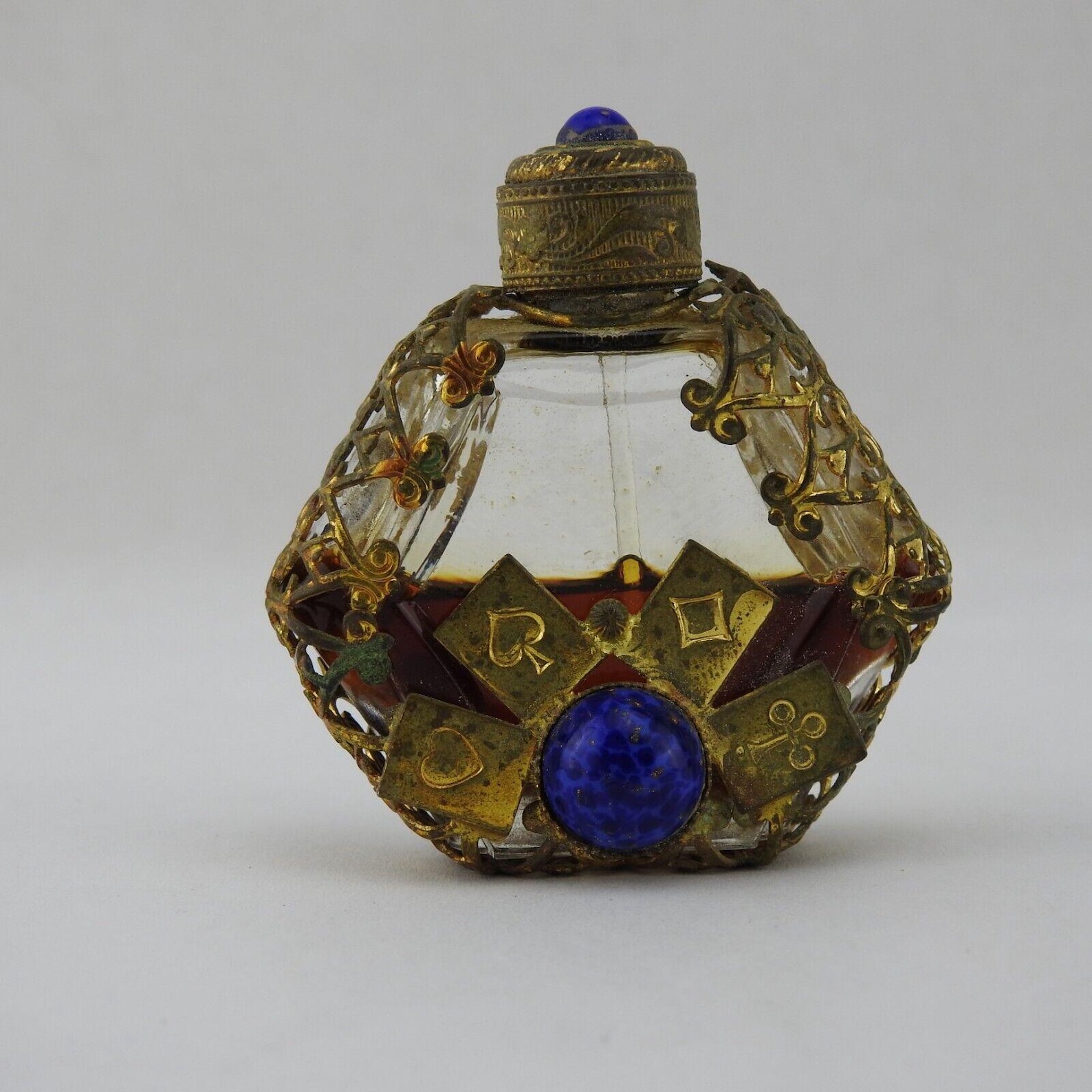 Antique Vintage Perfume Bottle Irice Czech Blue Jeweled Filigree ...