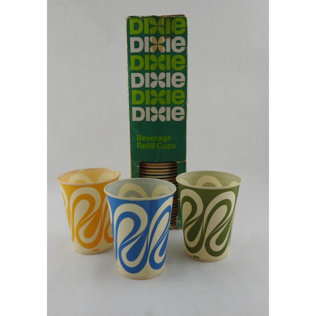 Vintage Dixie Cups 30 9oz Retro 70s Green Box Mod Swirl Design ...