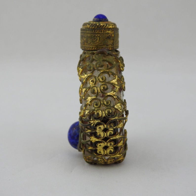 Antique Vintage Perfume Bottle Irice Czech Blue Jeweled Filigree ...