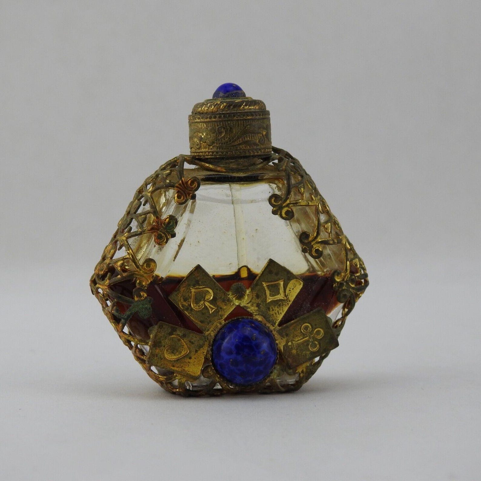 Antique Vintage Perfume Bottle Irice Czech Blue Jeweled Filigree ...
