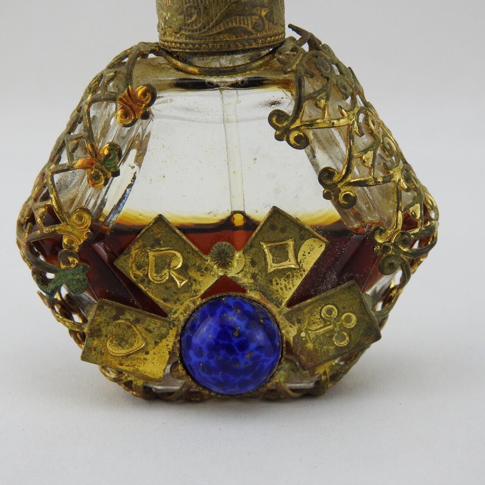 Antique Vintage Perfume Bottle Irice Czech Blue Jeweled Filigree ...