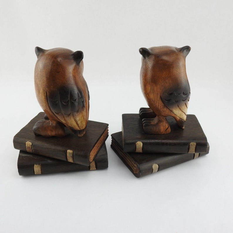 2 Vintage Carved Brown Wood Owl Figurine on Book Stack Bookend Thailand ...