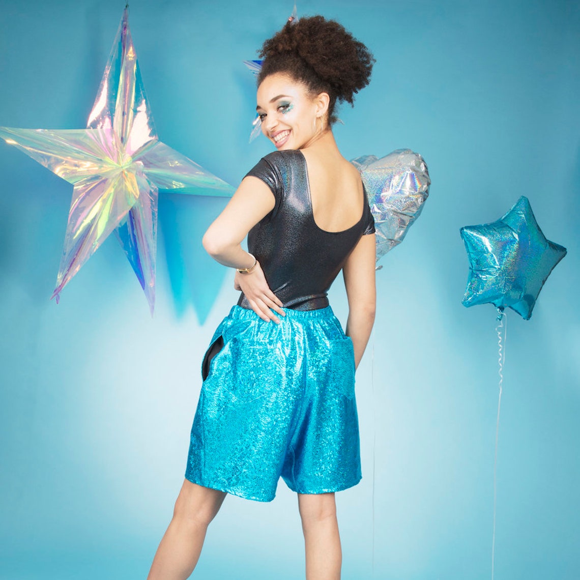 Metallic Turquoise Festival Shorts With Pockets Handmade - Etsy