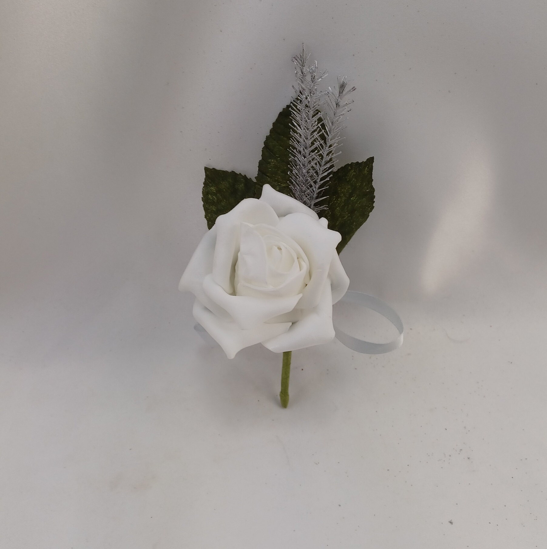 White Rose Buttonhole With Silver Sprig & Ribbon, Groom, Guests, Winter ...