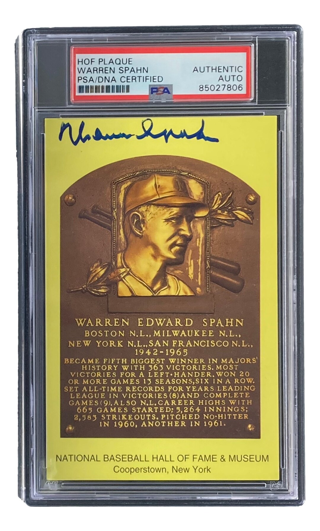 Warren Spahn Signed 4x6 Milwaukee Braves Hall of Fame Plaque Card PSA ...